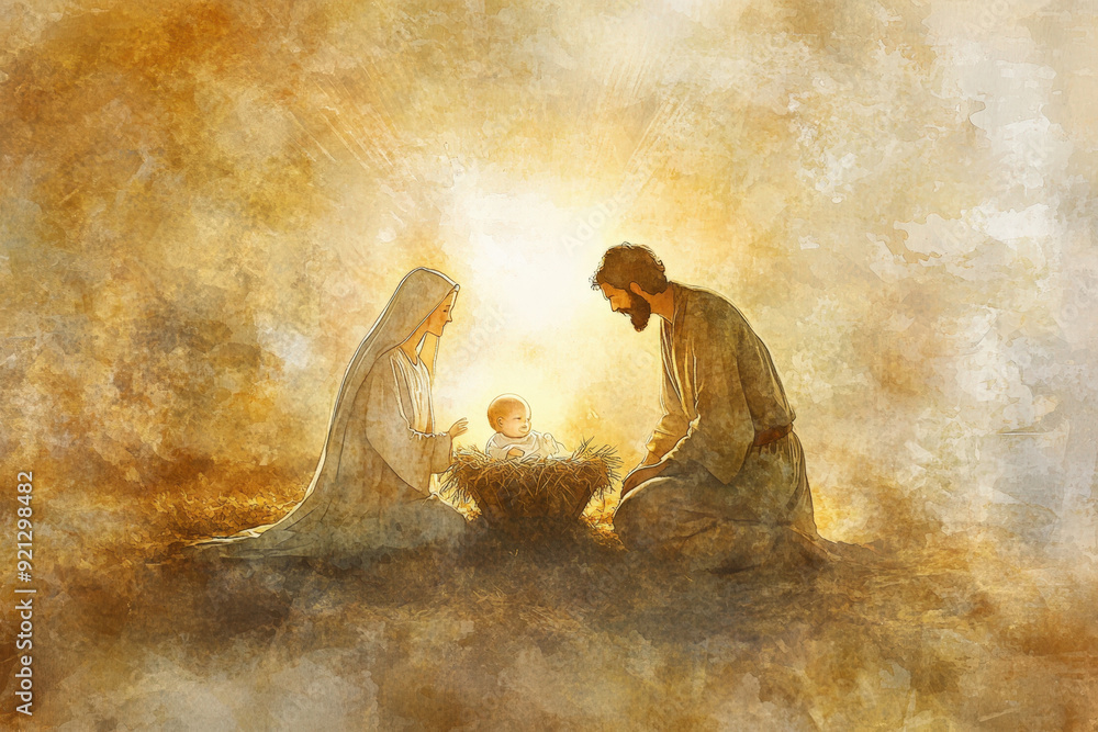 Watercolor painting of the nativity scene with mary and joseph kneeling ...