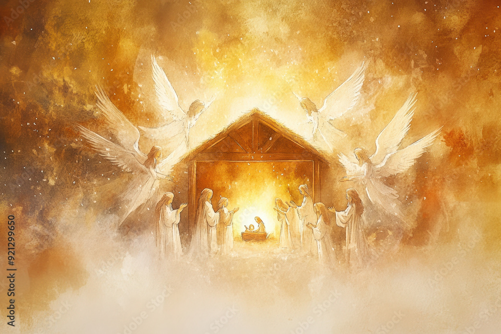 Angels are rejoicing over baby jesus resting in a manger as a bright ...