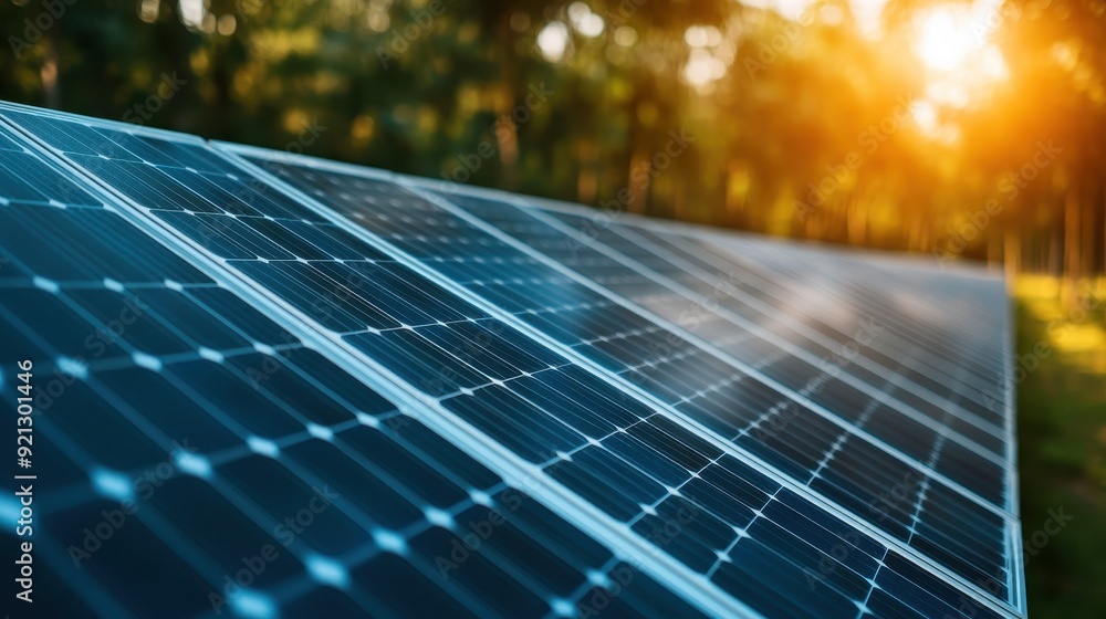 This image captures a close-up view of solar panels amidst a forest ...