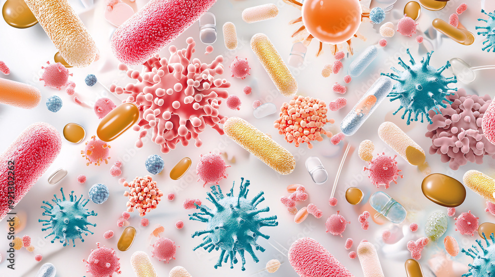 A colorful image of various pills and bacteria. Scene is chaotic and ...