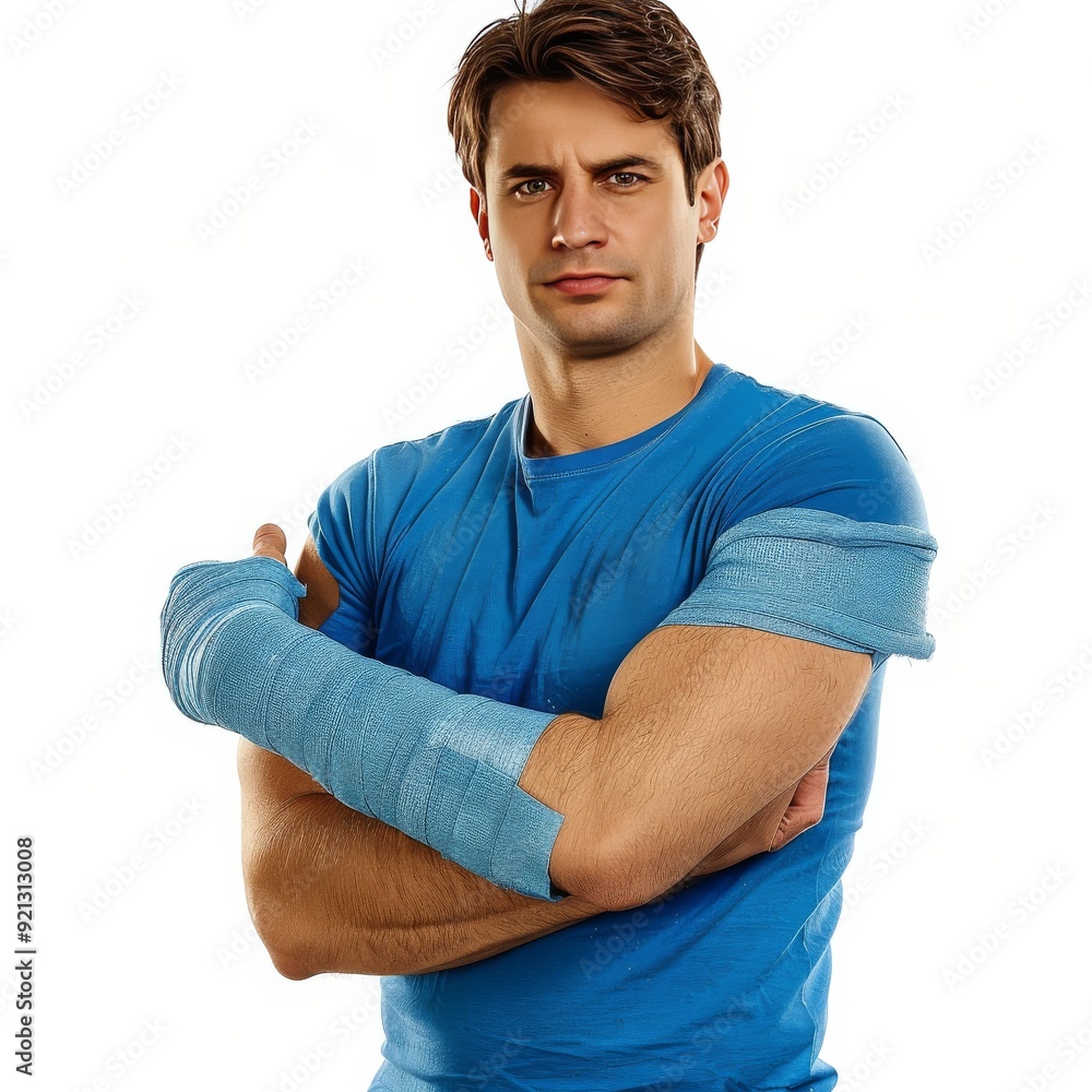 photo of a man with a broken arm, wearing a medical cast plaster a blue ...