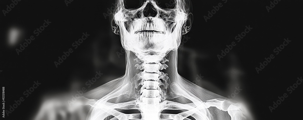X-ray image of the upper body showing skeletal structure including ...