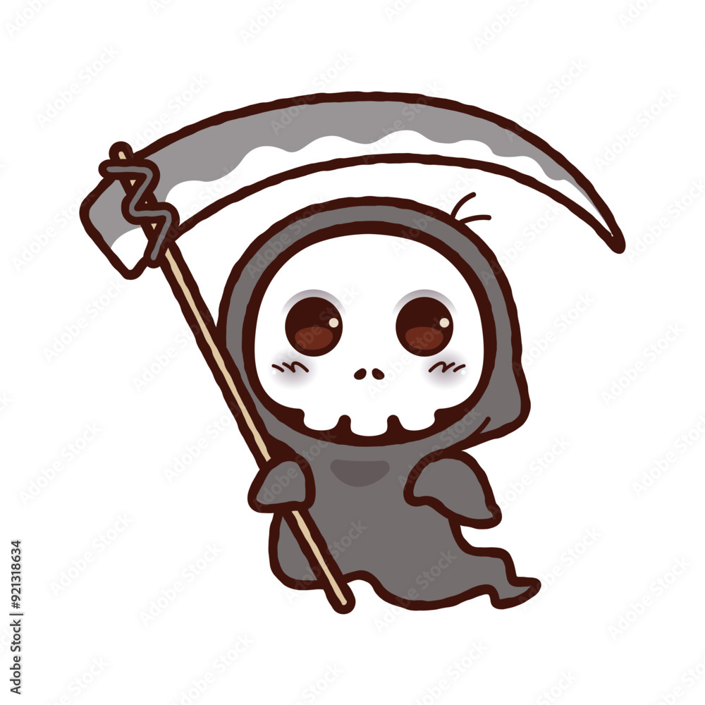 Cute character cartoon grim reaper with scythe. Cute Halloween skeleton ...