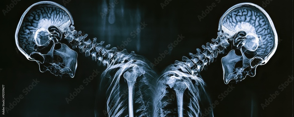 X-ray image of two human skulls and spines leaning against each other ...