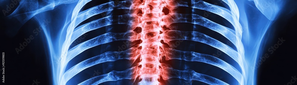 X-ray image of human spine highlighting the vertebrae and ribs, showing ...