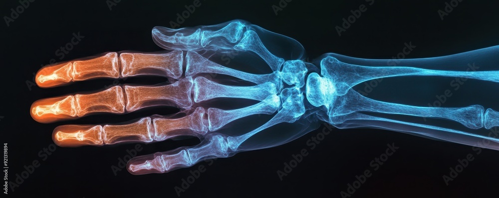 X-ray image of a human hand showing detailed skeletal structure on a ...