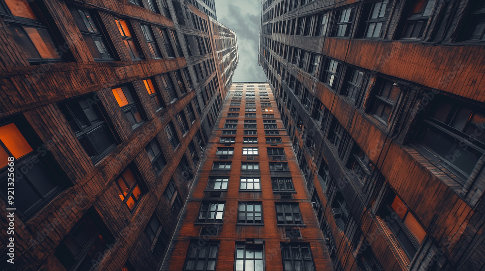 The view looking up into a narrow alley that stretches between two tall ...