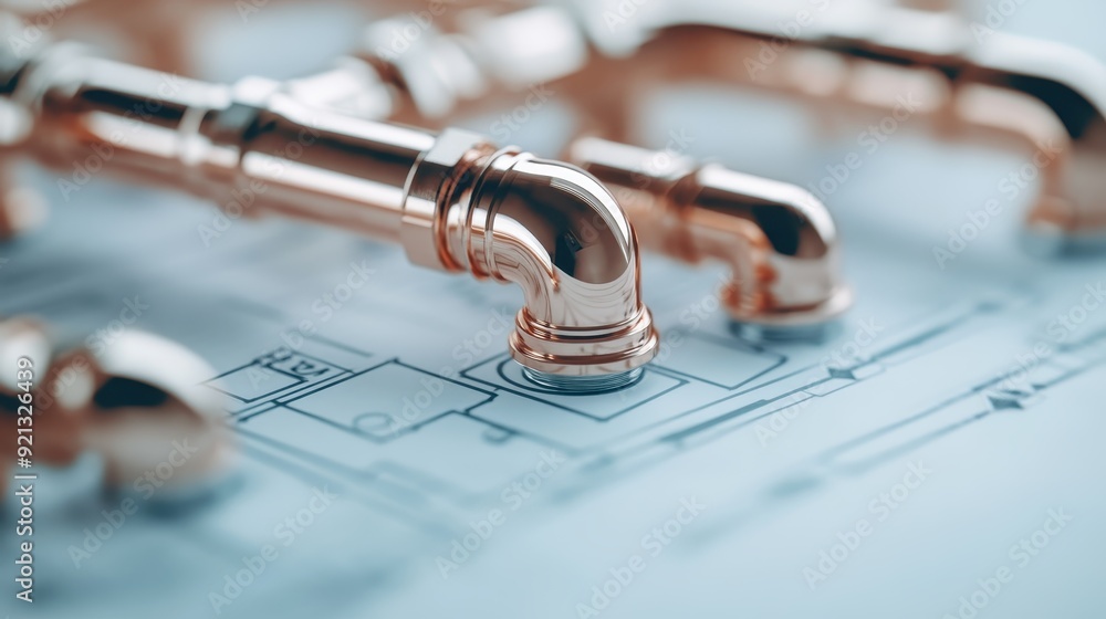 A close-up of shiny copper pipes laid out on blueprints, representing ...
