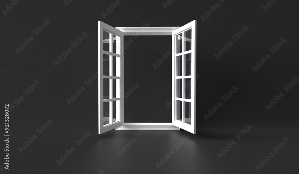 Silver chrome window frames are isolated on a solid black background ...