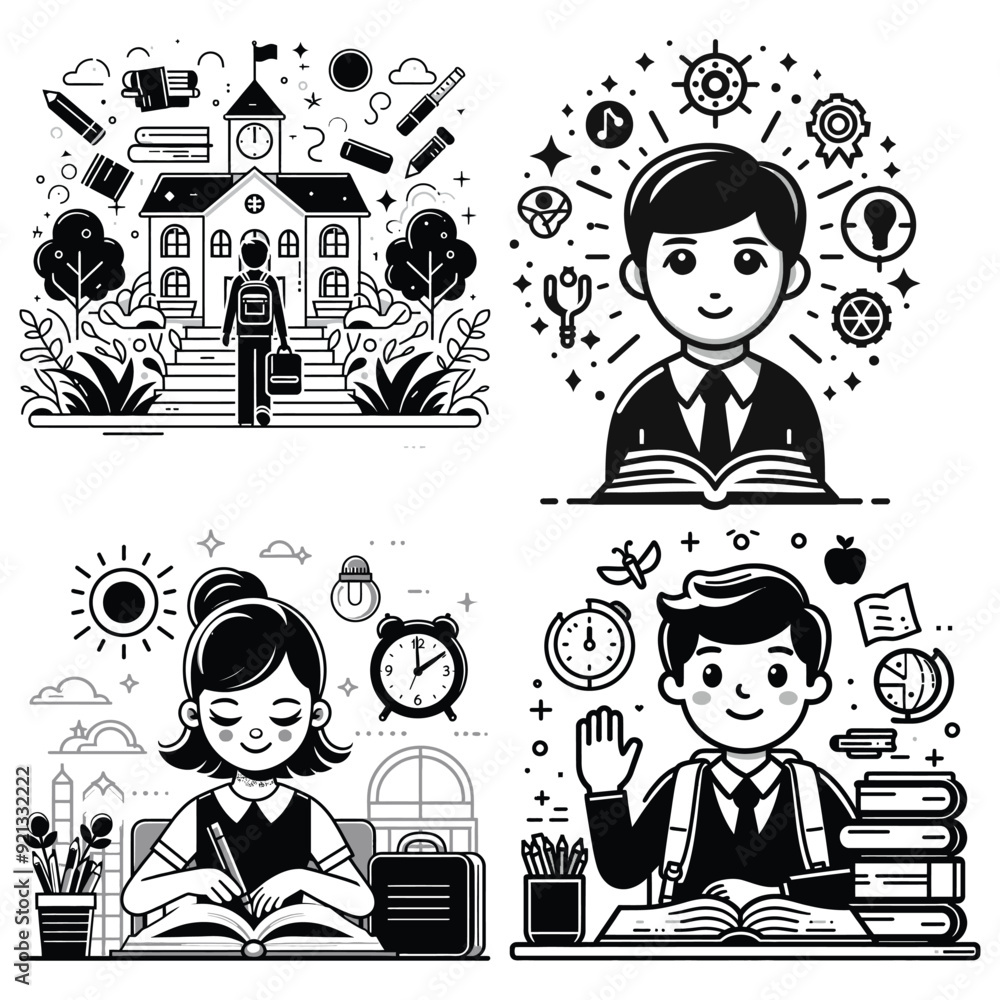 Illustrative school scenes of children learning in black and white ...