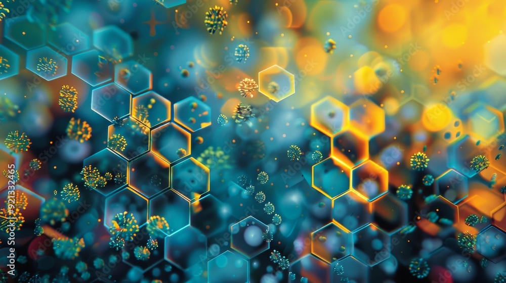 Interlocking Hexagons: Hexagonal shapes interlocking in a complex, abstract pattern, using a ...