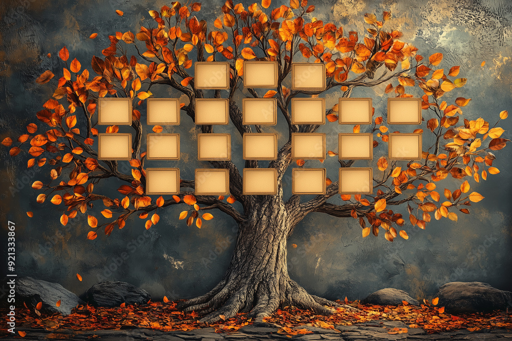Realistic family genealogy family tree template. Autumn landscape Stock ...