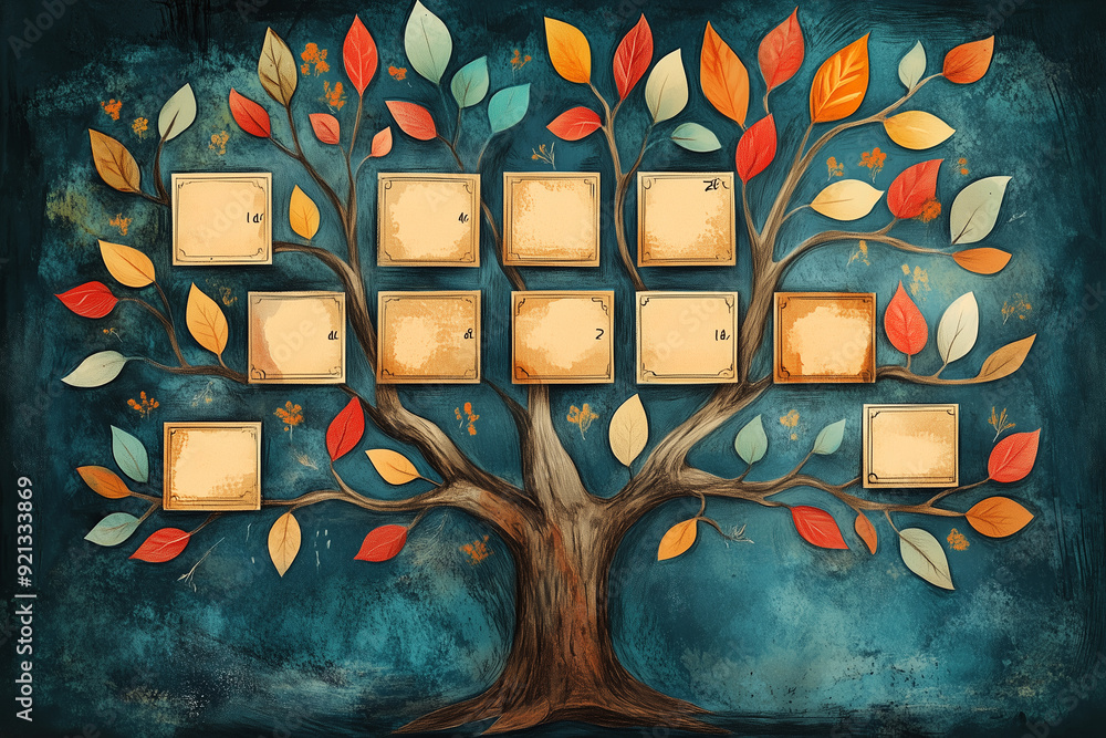 A family tree template with empty cells for user input, playful ...