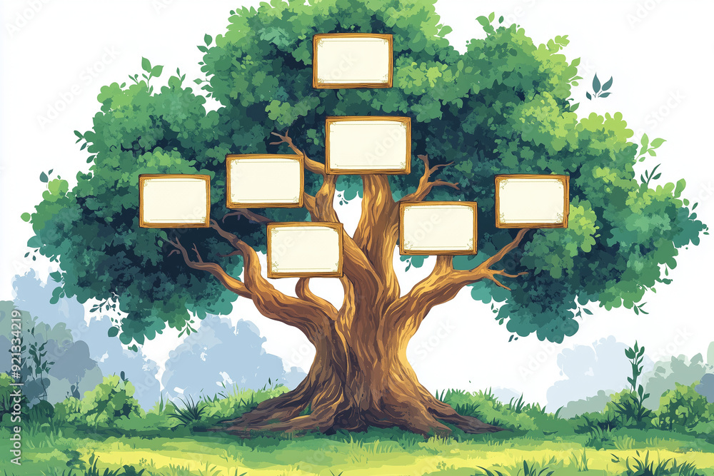 A wide realistic family tree template with empty cells for user input ...