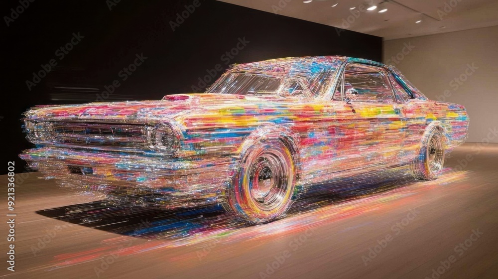Colorful sculpture of a classic car displayed in an art gallery with ...