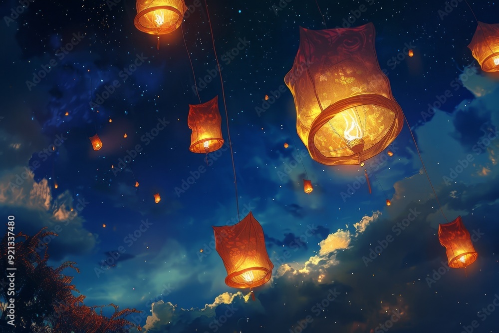 Multiple lanterns glowing as they float in the night sky, Lanterns glowing against the night sky ...