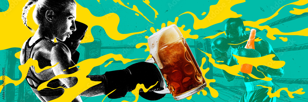 Mam and woman, boxing players fighting with giant lager foamy beer ...