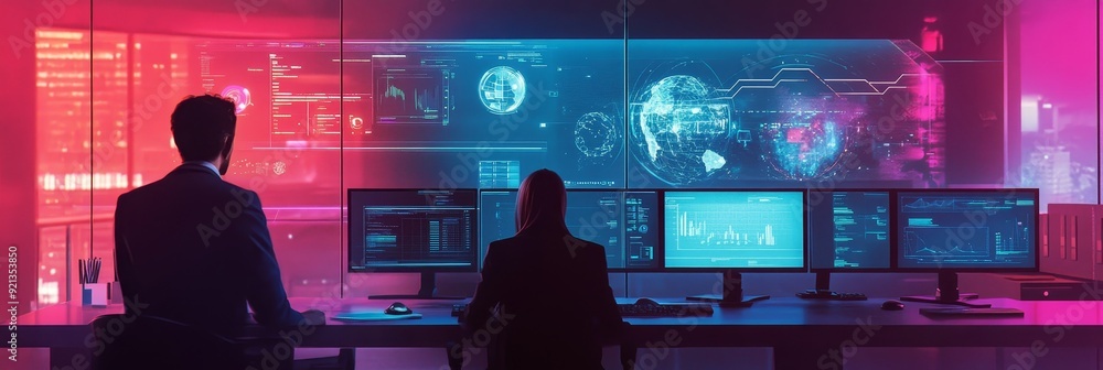 Two cybersecurity professionals analyze data on multiple screens in a high-tech command center ...
