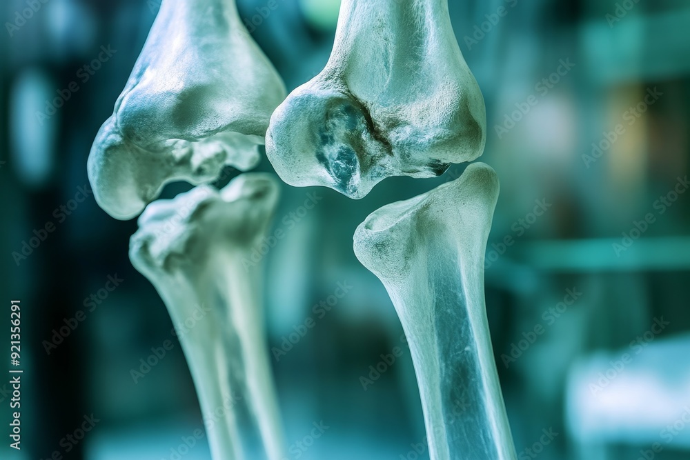 A detailed close-up of a human knee joint model, showcasing the complex ...