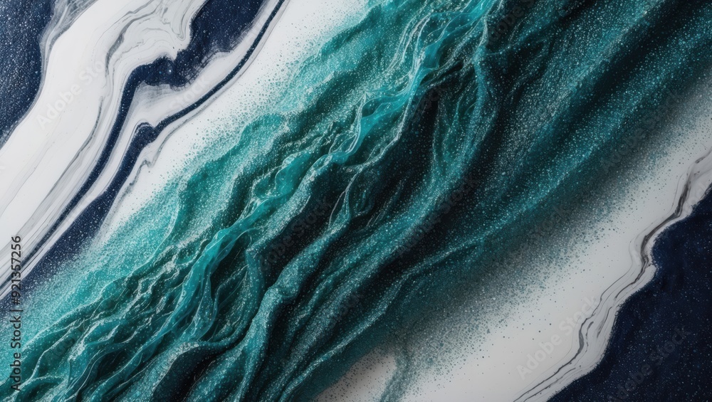 A serene depiction of teal waves blending smoothly into a white and ...