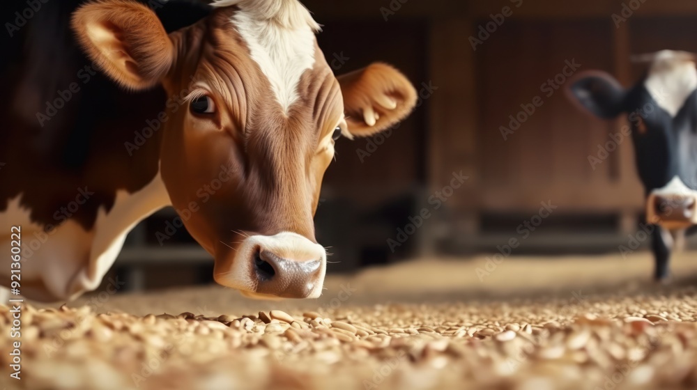 Cow Eating Grain in a Barn Stock Photo | Adobe Stock