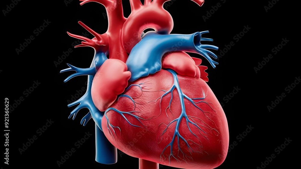 A detailed anatomical representation of a human heart. The heart is ...