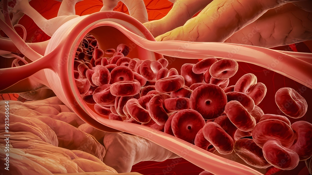 A magnified view of a blood vessel, possibly an artery or vein. Inside ...