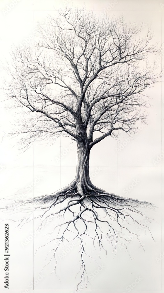 Exploring tree roots through a detailed pencil drawing pictures Stock ...