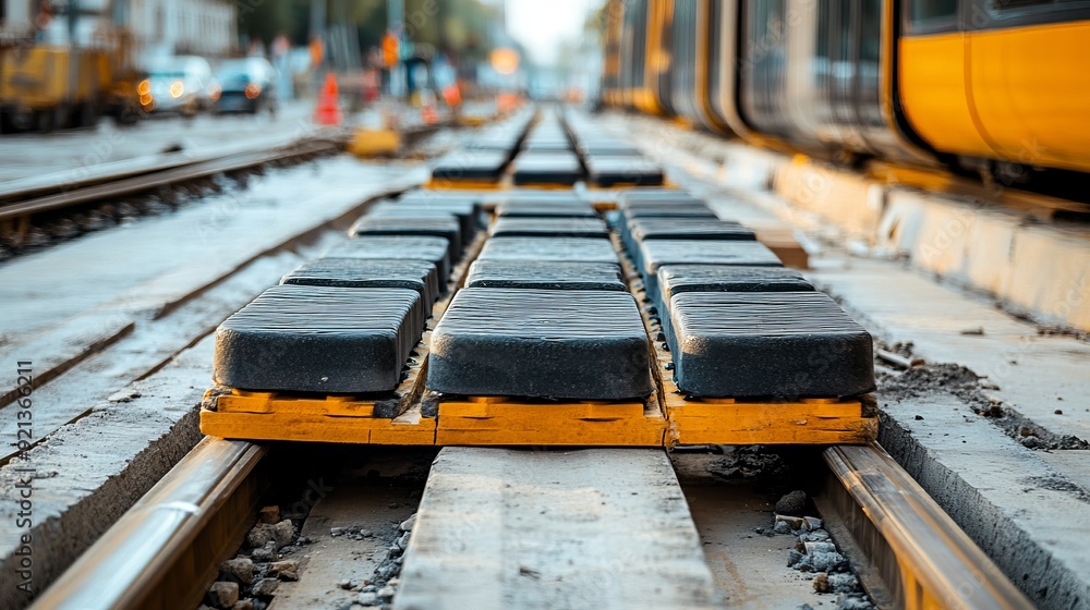 Stacked rubber shock absorption pads for tram rails during ...