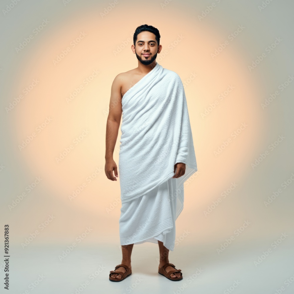Muslim arab man praying while standing in white traditional clothes of ...