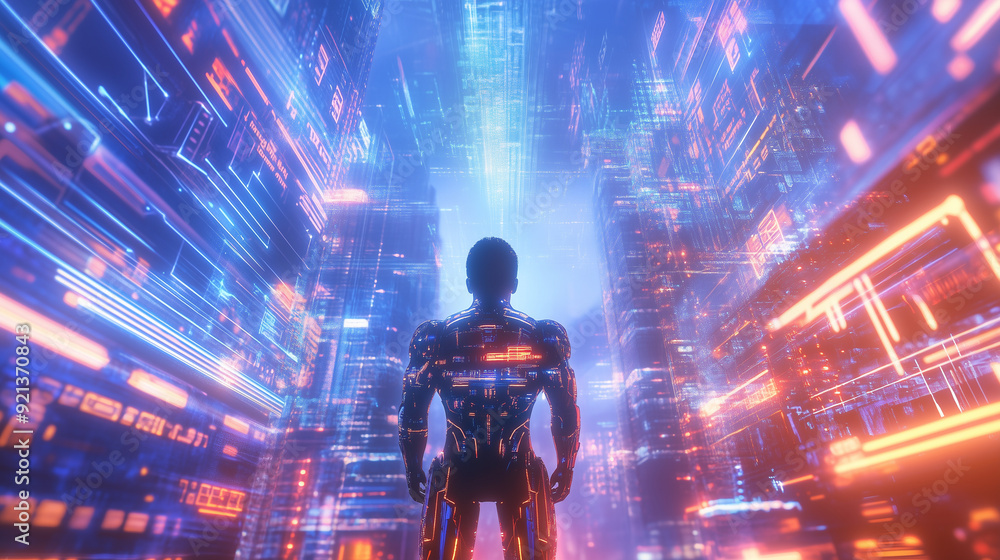 Bird's eye perspective of a bionic robot man, standing in a high-tech city center, gazing ...