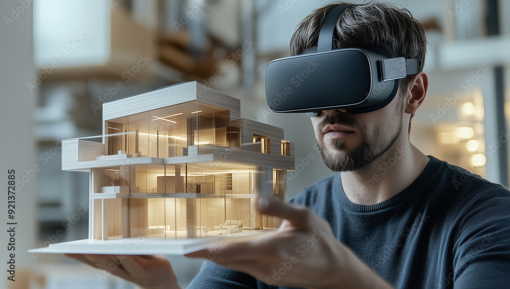 Man using virtual reality headset to visualize a modern house model ...