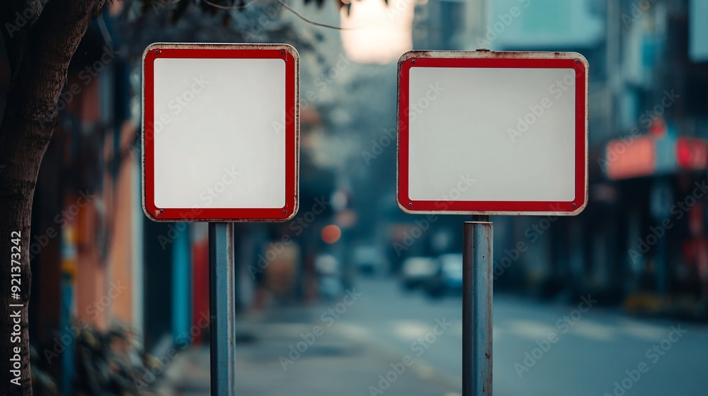 Two blank white road signs with red border standing on a street Stock ...