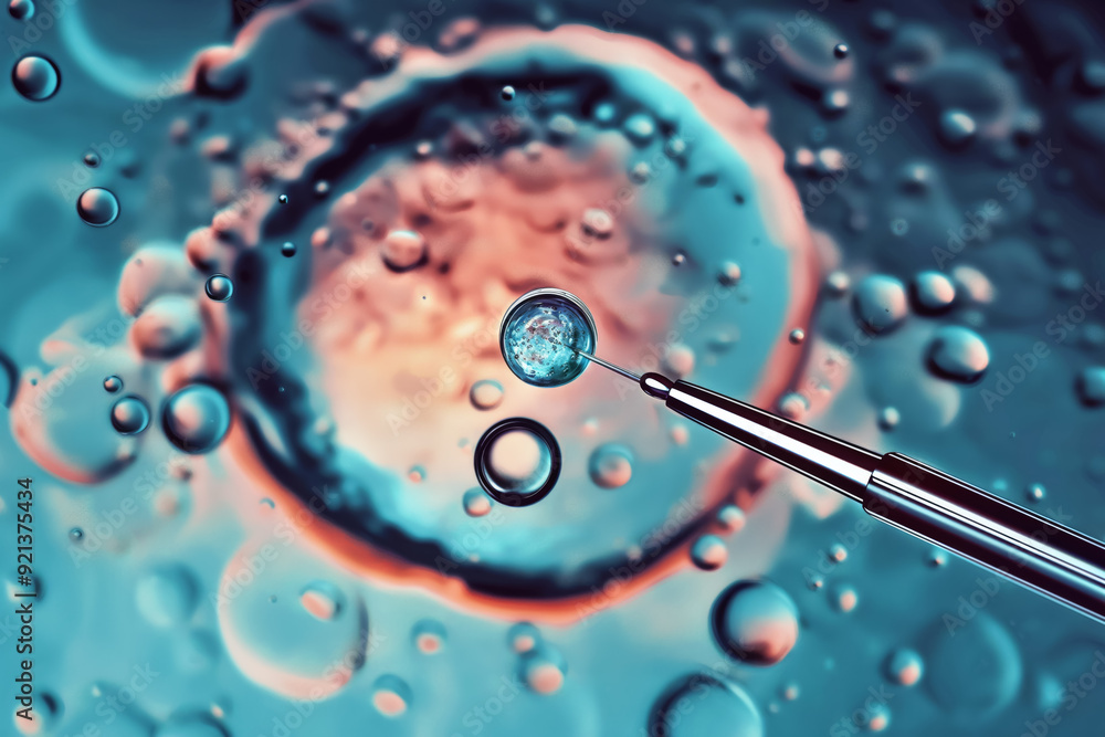 Medical needle injection into human egg cell microscopy detail, IVF In ...