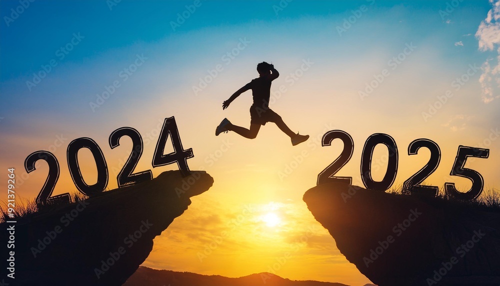 Merry Christmas and Happy new year 2025. A young businessman jump ...