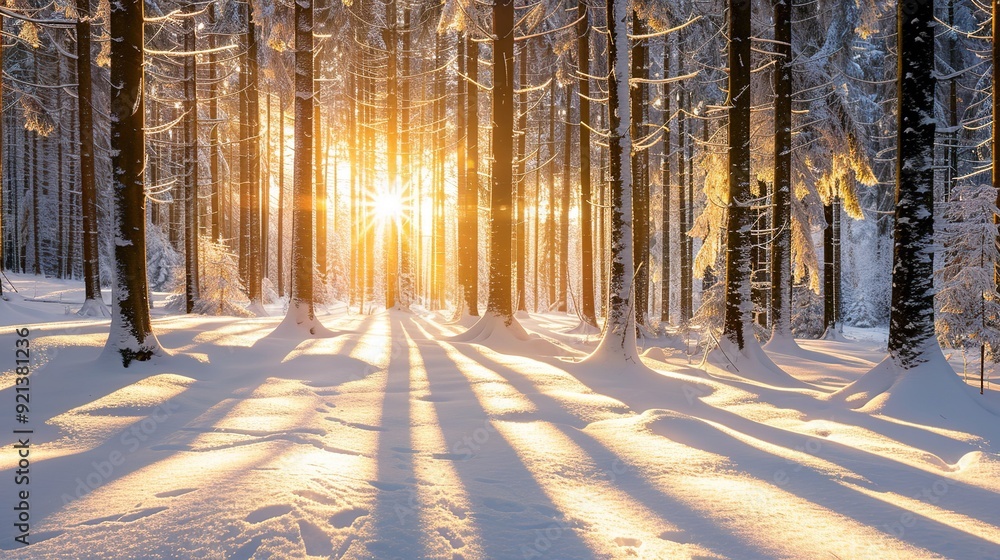 Snow-covered forest at sunrise with long shadows and golden light ...