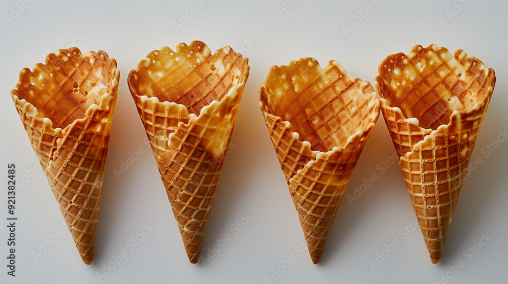 Empty Ice Cream Cones. Four crispy waffle ice cream cones lined up on a ...