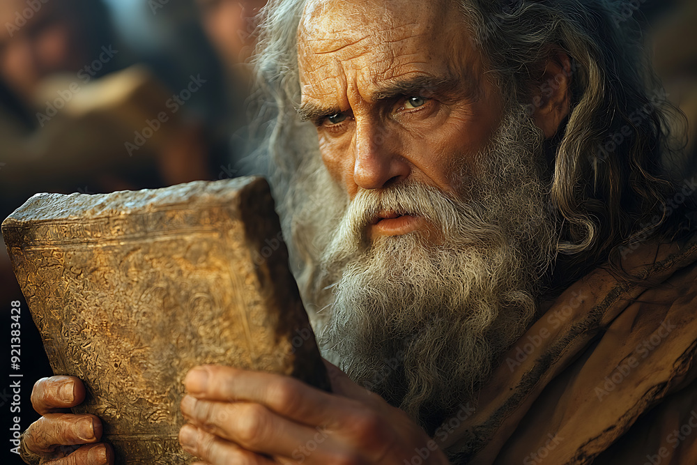 Moses holds the stone tablets given by God on Mount Sinai, symbolizing ...