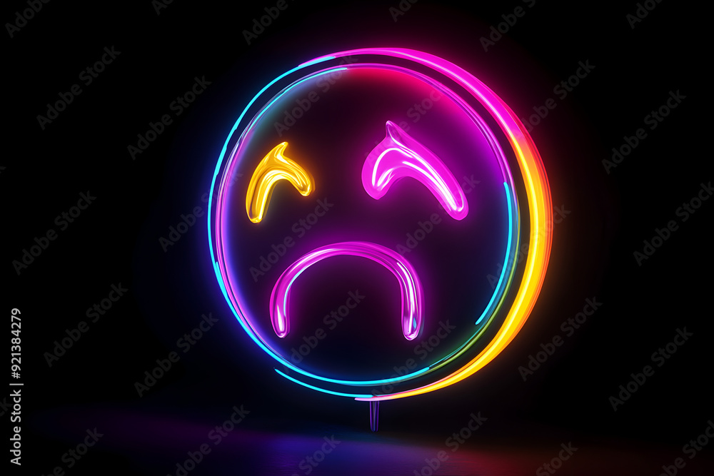 Vibrant neon outlines of a crying 3D emoji isotated on black background ...