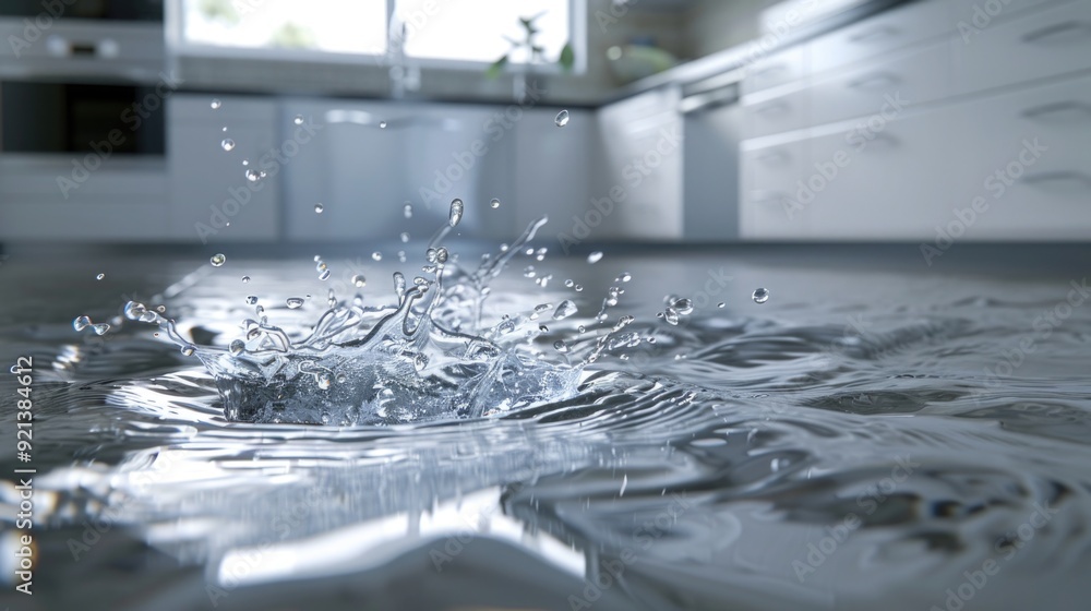 kitchen with a flooded floor. water intrusion, unexpected home disaster ...
