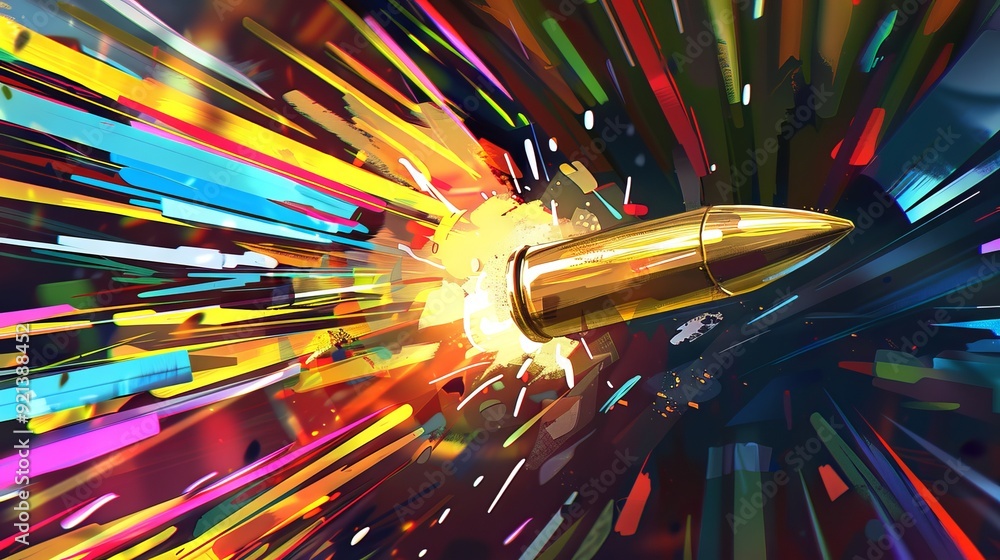 Dynamic Digital Art of Bullet in Mid-Flight with Colorful Explosions ...