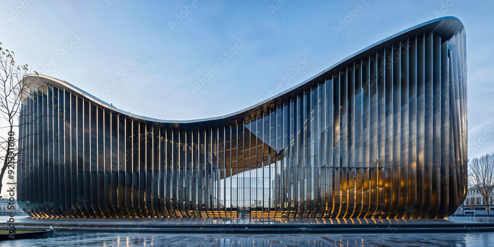 Modern undulating glass and metal building exterior design, vertical ...
