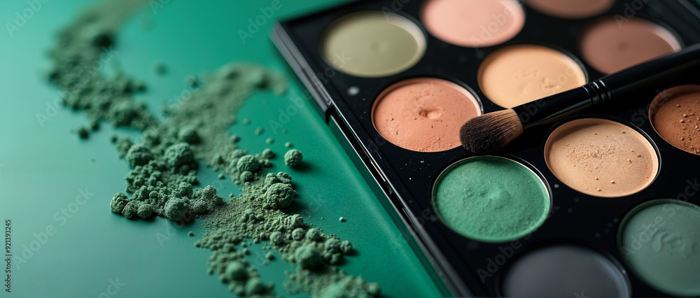 Eye shadow make up cosmetics palette in color-coordinated green and ...