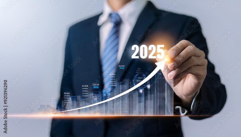 Businessman draws a rising arrow graph of the company in the future to ...