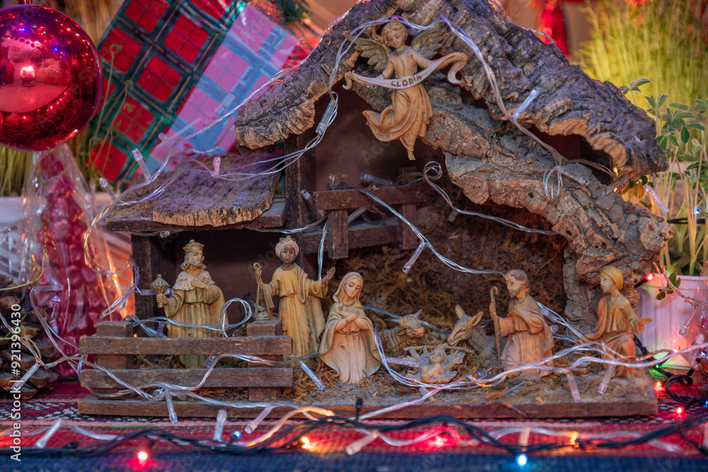 A traditional Nativity scene depicting the birth of Jesus, featuring ...