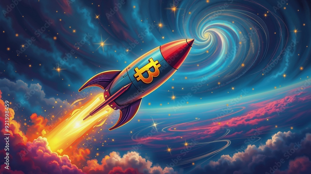 Bitcoin Rocket Blastoff to Moonlit Cosmos, A futuristic rocket ship ...
