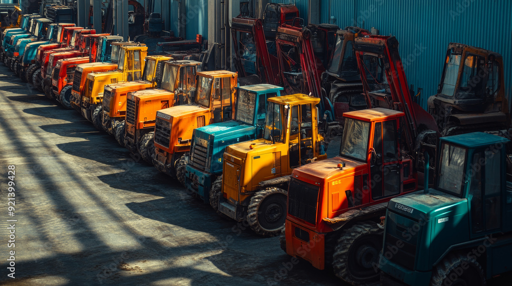 Heavy construction equipment, painted in various bright colors, is ...