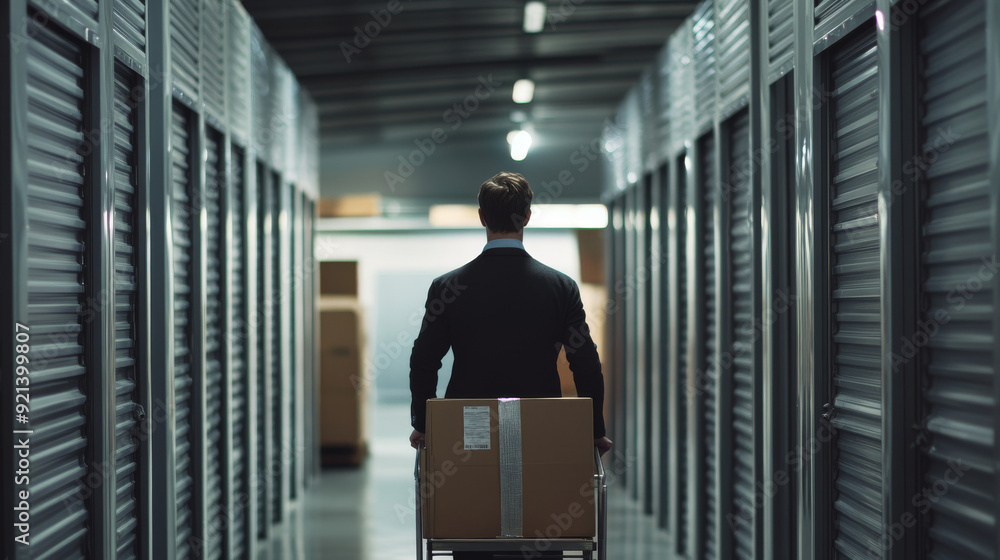 Man in storage facility, looking at closed units. Man with boxes in ...