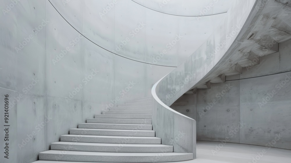 A striking image of a concrete curved staircase within a modern ...
