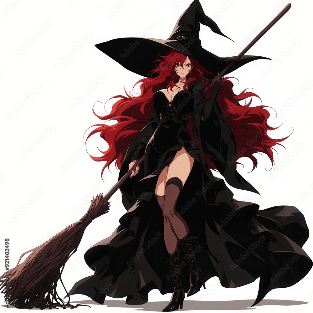Striking anime-style witch with fiery red hair, wearing a flowing black ...